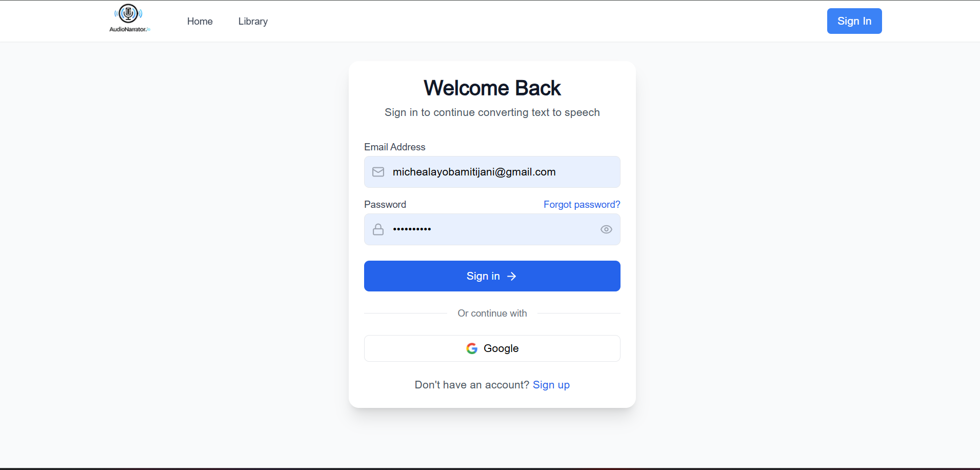 Login | AudioNarrator: Effortlessly Convert Text & Documents to Audio